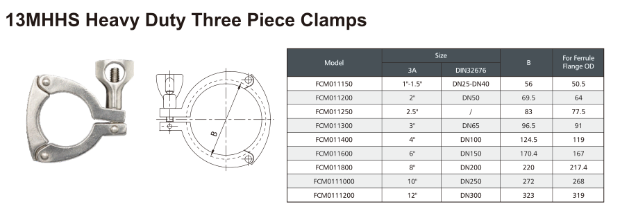 Sanitary 13MHHS Heavy Duty Three Pieces Clamps - QiMing Stainless Co.,Ltd
